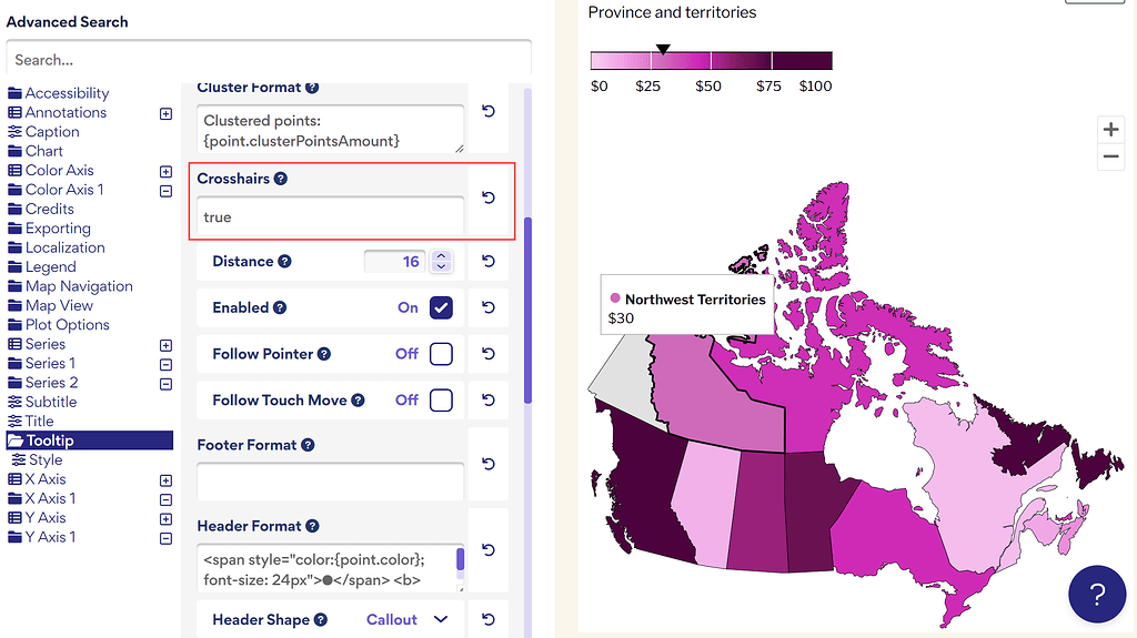 Choropleth map — Tooltip > Crosshairs > True - Issue report - everviz